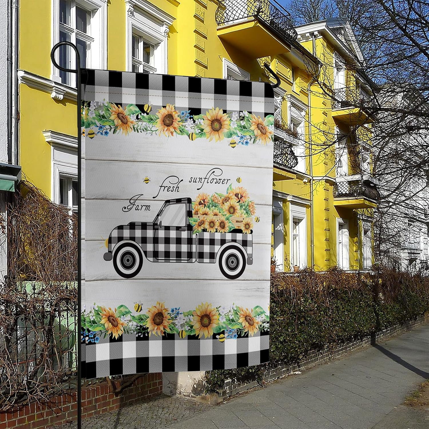 Garden Flags, Farm Truck With Sunflowers On Black Grid Garden Flag ...