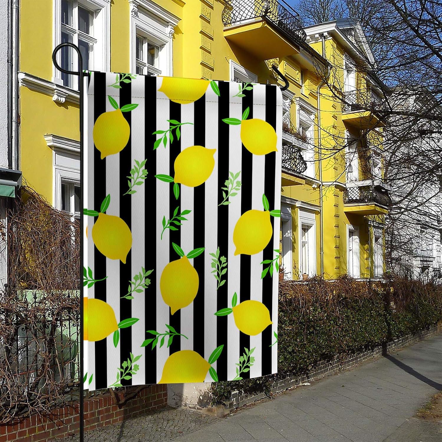Garden Flags, Fresh Lemon On Black Stripes Garden Flag, Yard ...