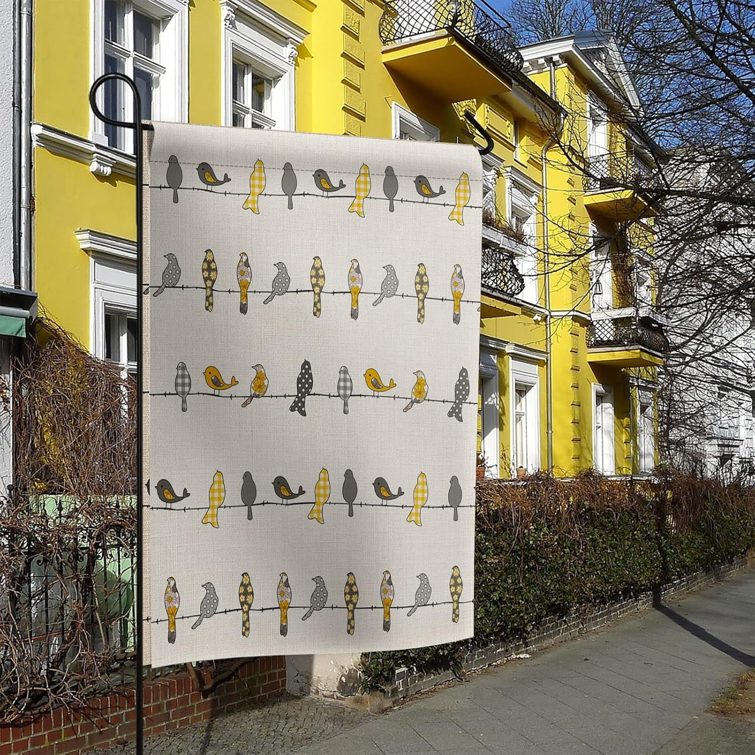 Garden Flags, Grey Orange Yellow Buffalo Plaid And Daisy Bird Garden ...