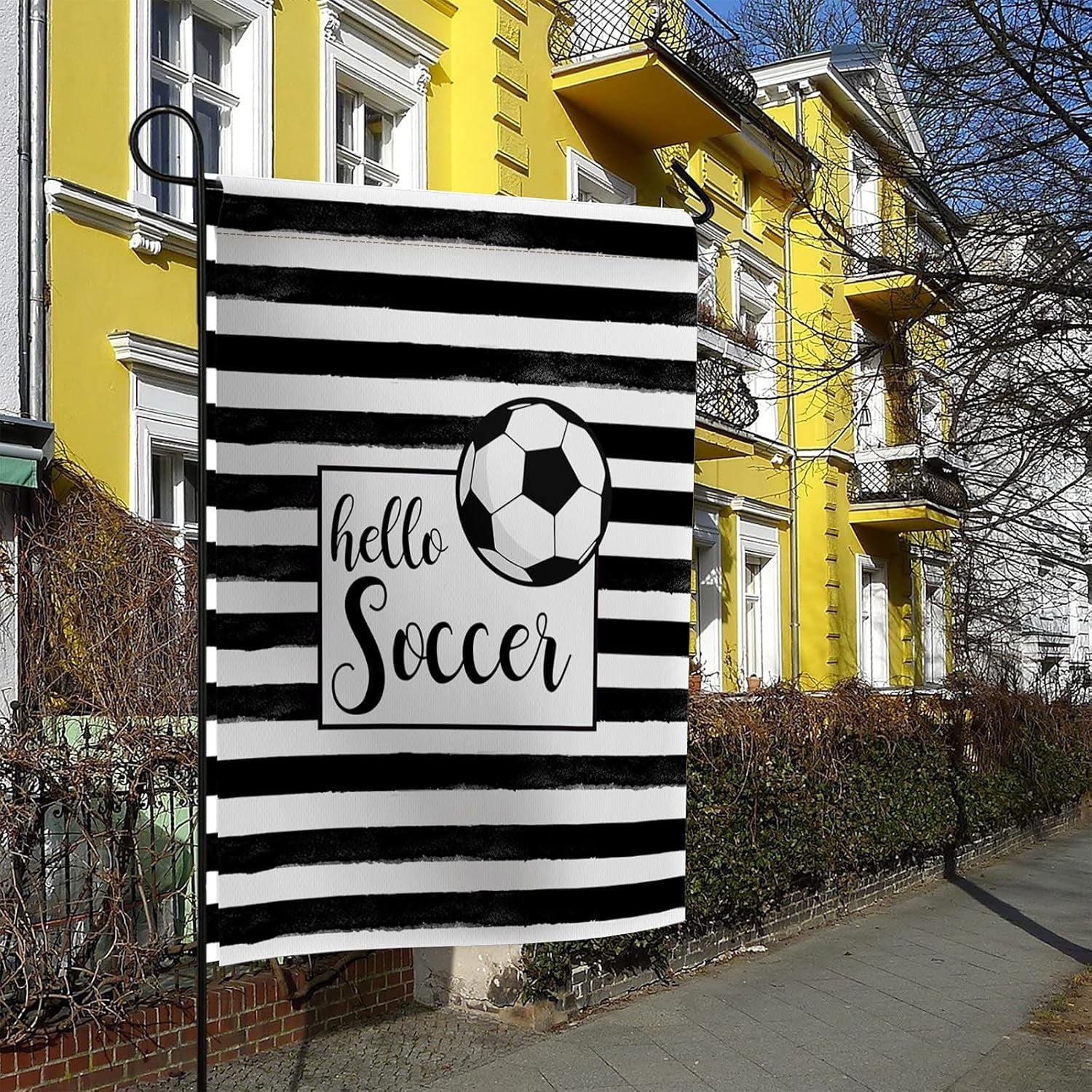 Garden Flags, Hello Soccer On Black Stripes Garden Flag, Yard ...