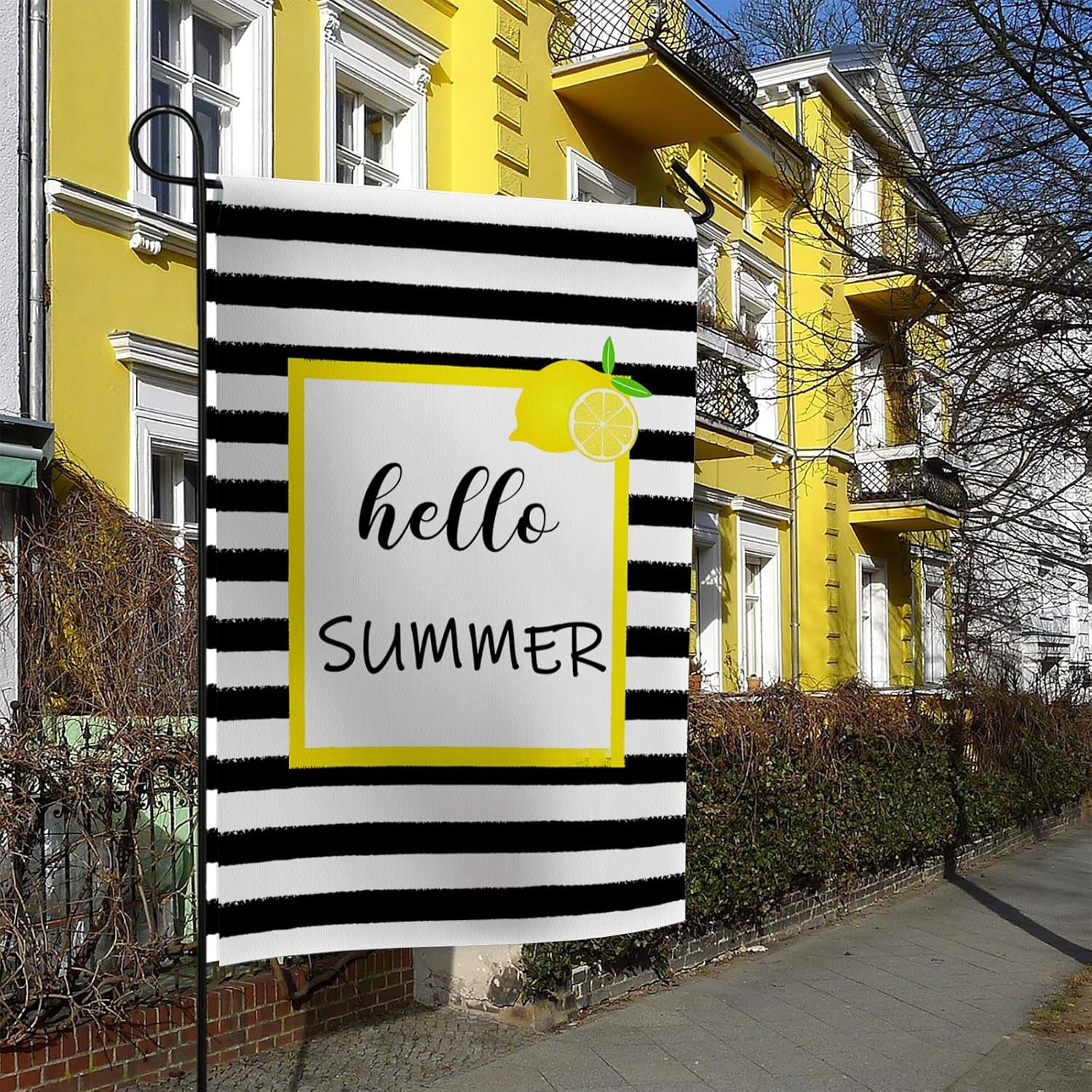 Garden Flags, Hello Summer Lemon On Black Stripes Garden Flag, Yard ...