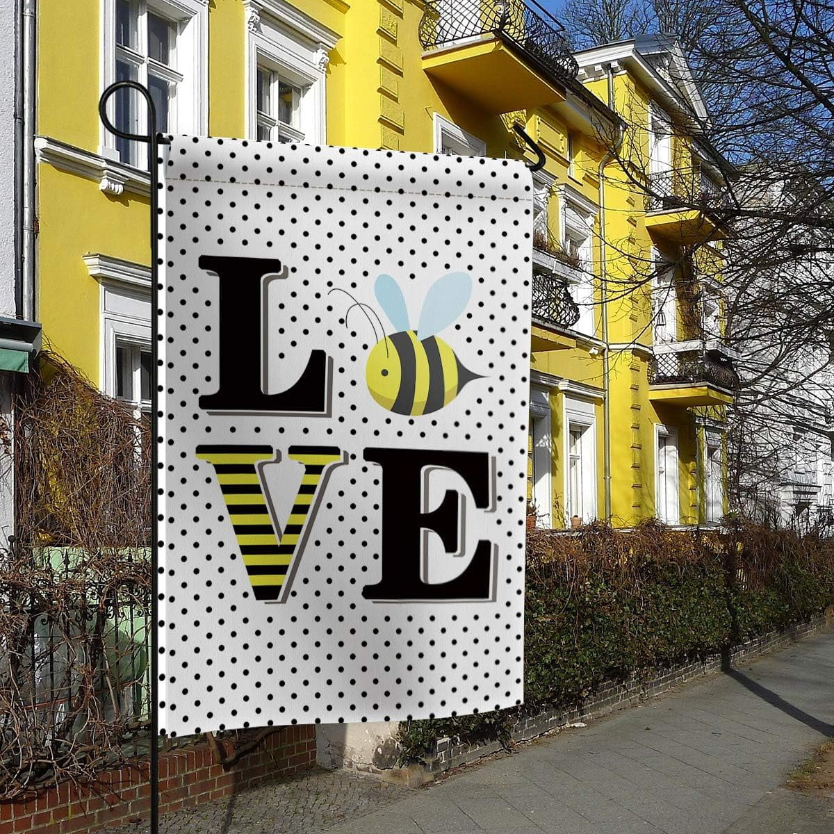 Garden Flags, LOVE Cartoon Bee On Black Dots Garden Flag, Yard ...