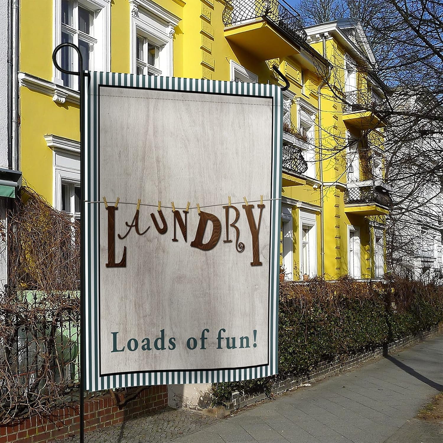 Garden Flags, Laundry Loads Of Fun On Blue Stripes Garden Flag, Yard ...