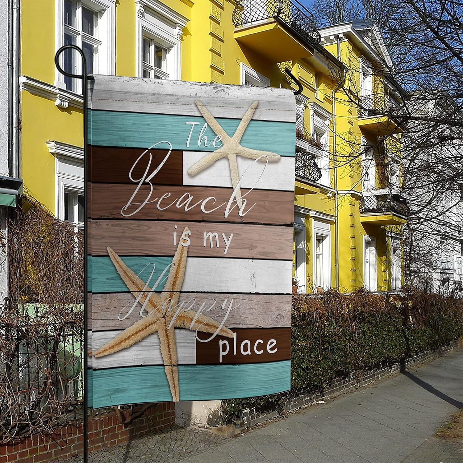 Garden Flags, Ocean Coastal Starfish Beach Colorful Retro Wood Grain ...