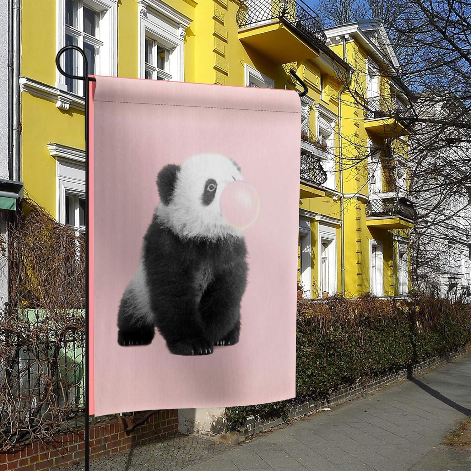 Garden Flags, Panda Blowing Pink Bubbles On Pink Garden Flag, Yard ...