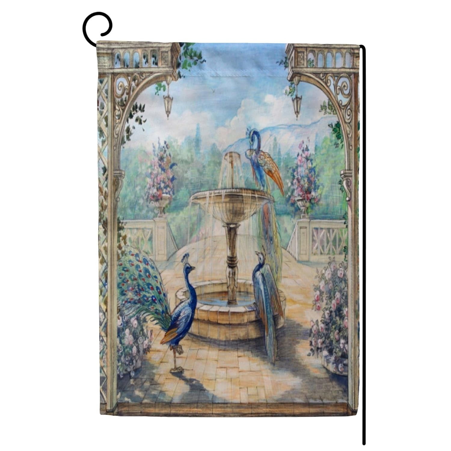 Garden Flags Peacock Fountain Birds Court Style Yard Flag for Outside Vertical Double Sided ...
