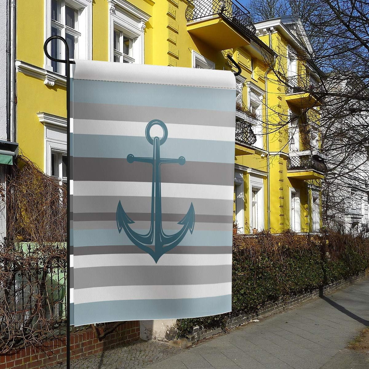 Garden Flags, Ship Anchor On Blue Grey Stripes Garden Flag, Yard ...