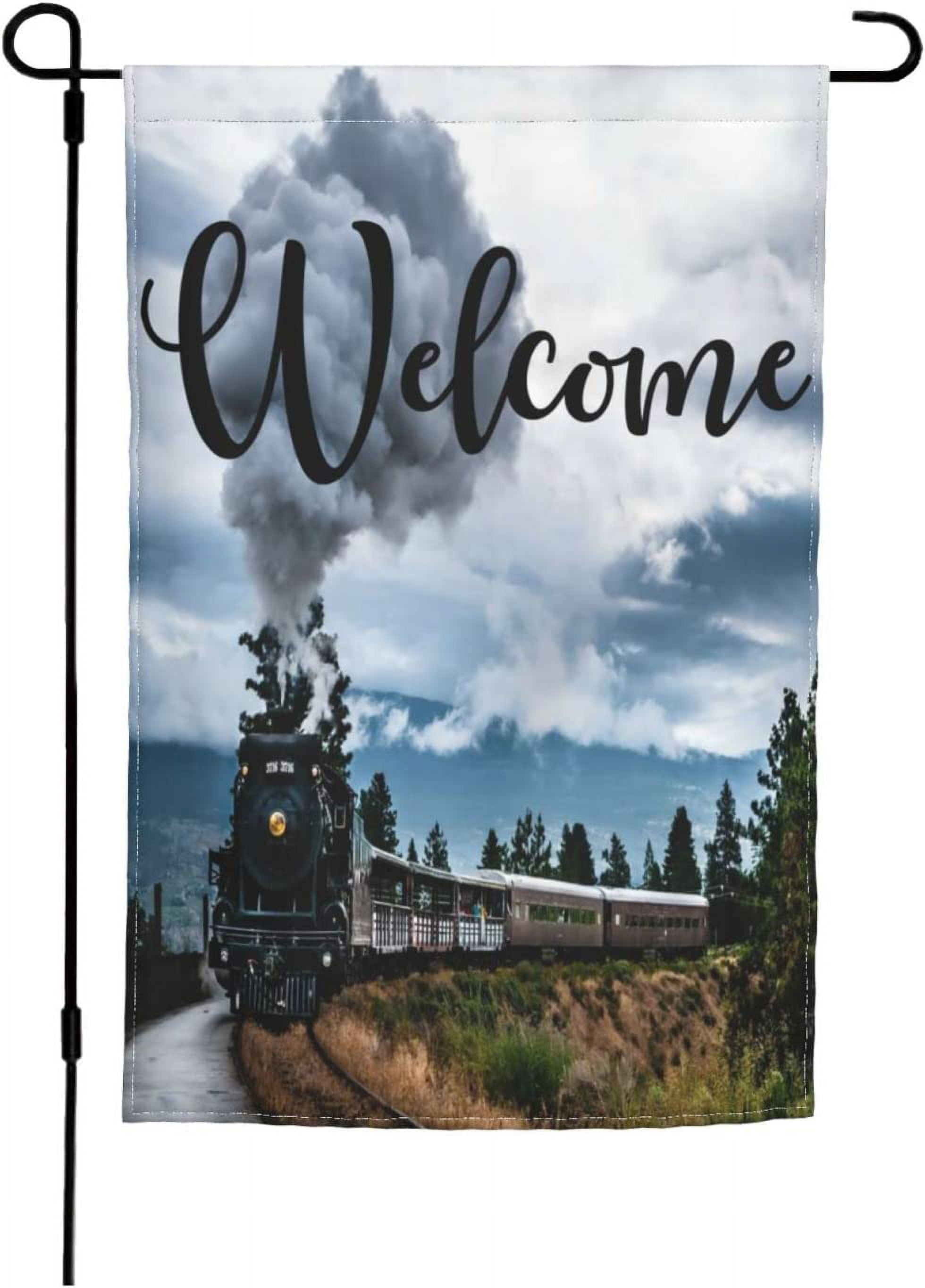 Garden Flags Steam Train Running on Railway Cloudy Nature Landscape ...