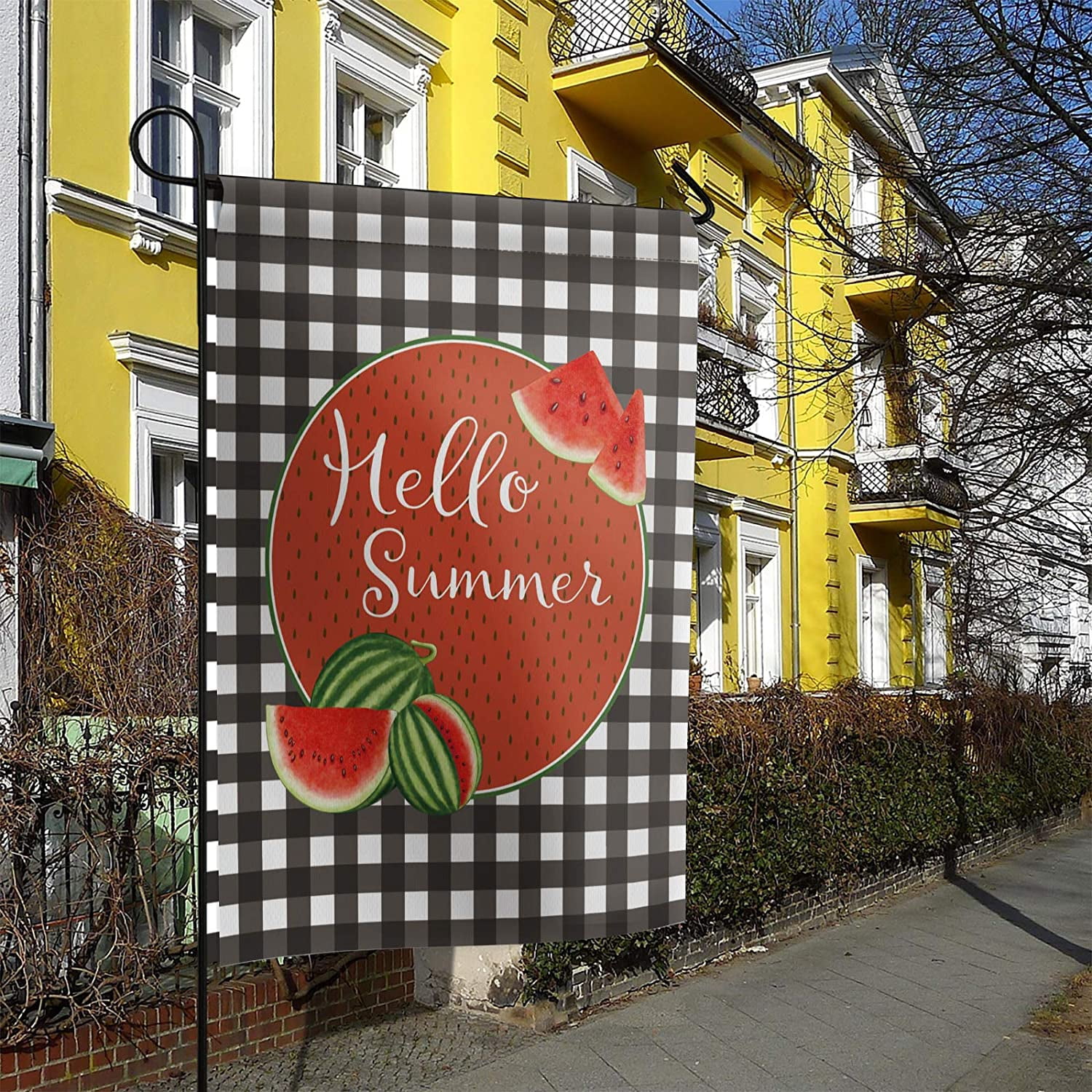 Garden Flags, Summer Farm Watermelon On Black Grid Garden Flag, Yard ...