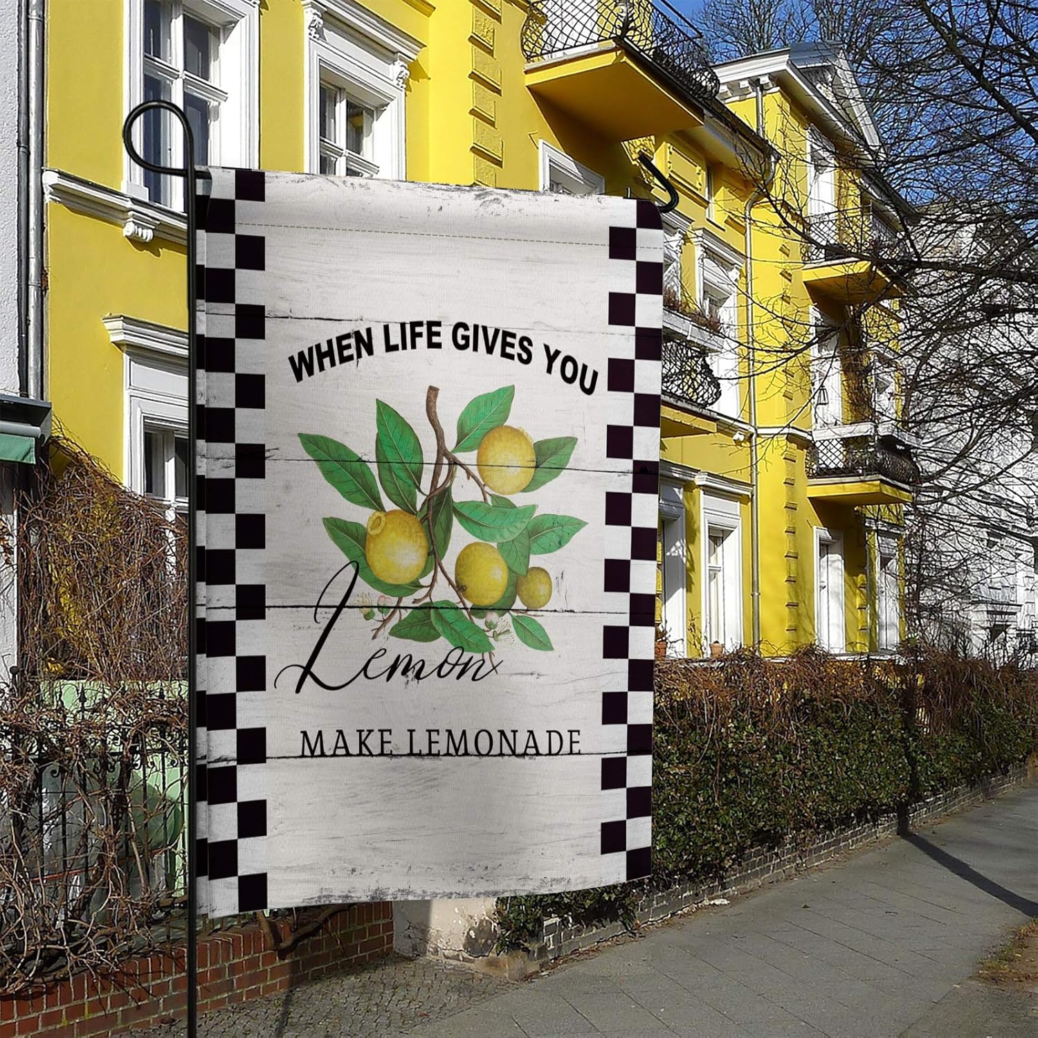 Garden Flags, Summer Lemon And Leaves On Black Grid Garden Flag, Yard ...