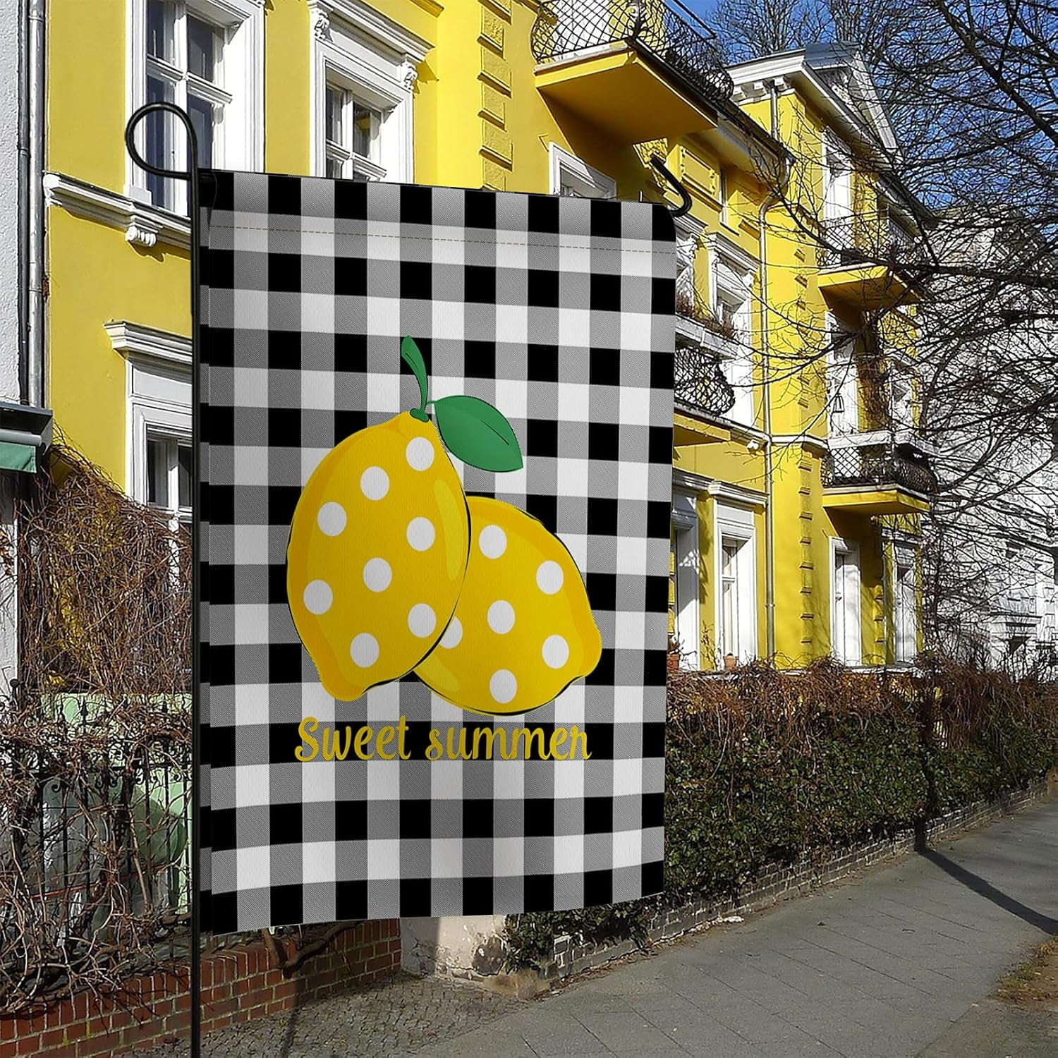 Garden Flags, Sweet Summer Lemon On Black Grid Garden Flag, Yard ...