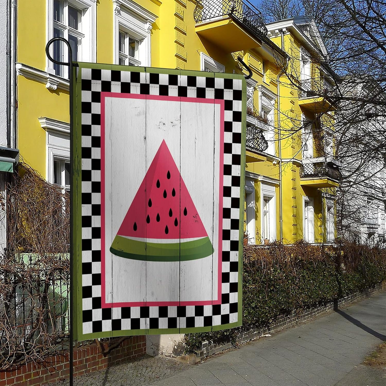 Garden Flags, Watermelon On Rustic Wood With Black Grid Garden Flag ...