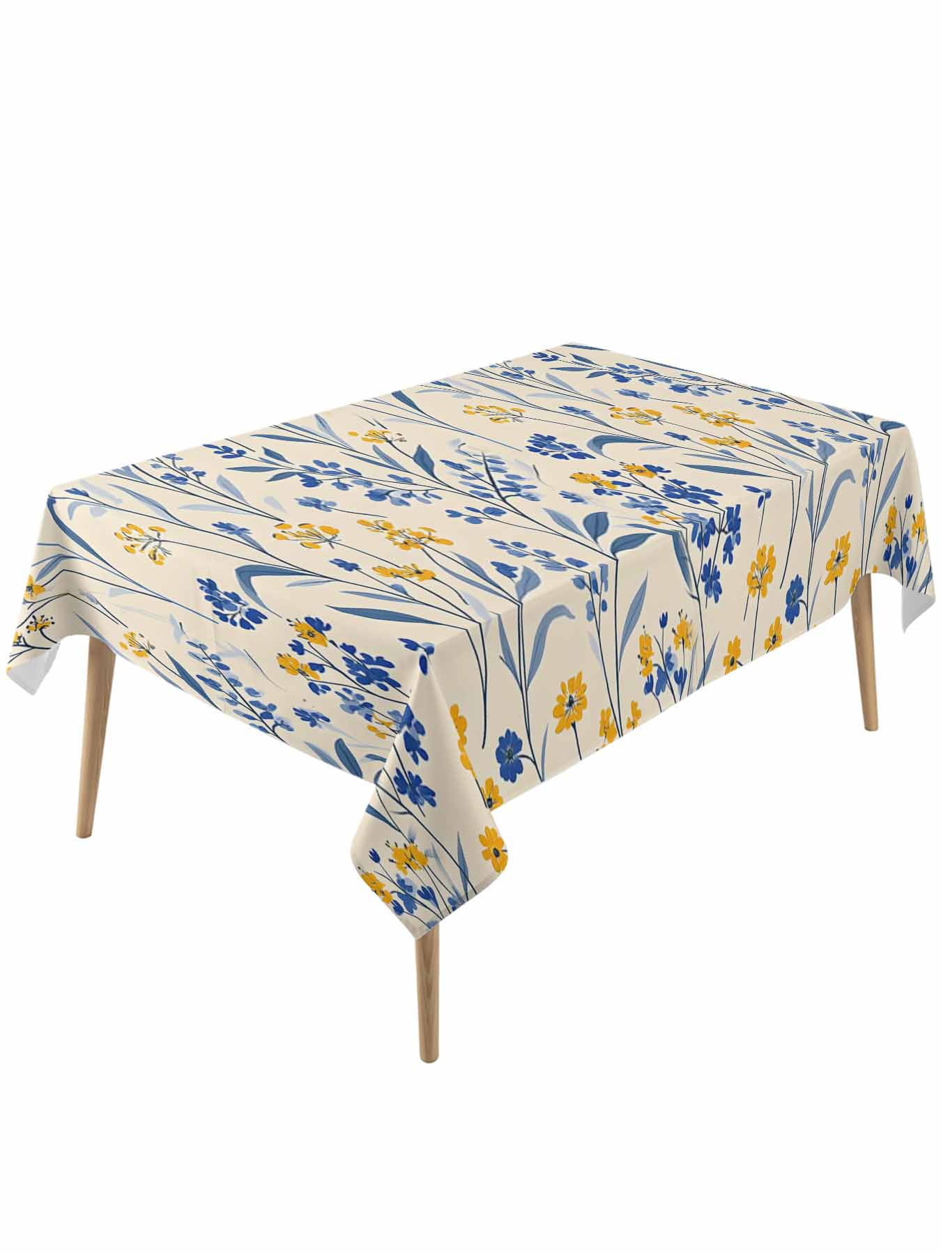Garden Flora Illustrations Table Cloth, Blue Yellow Flowers Waterproof ...