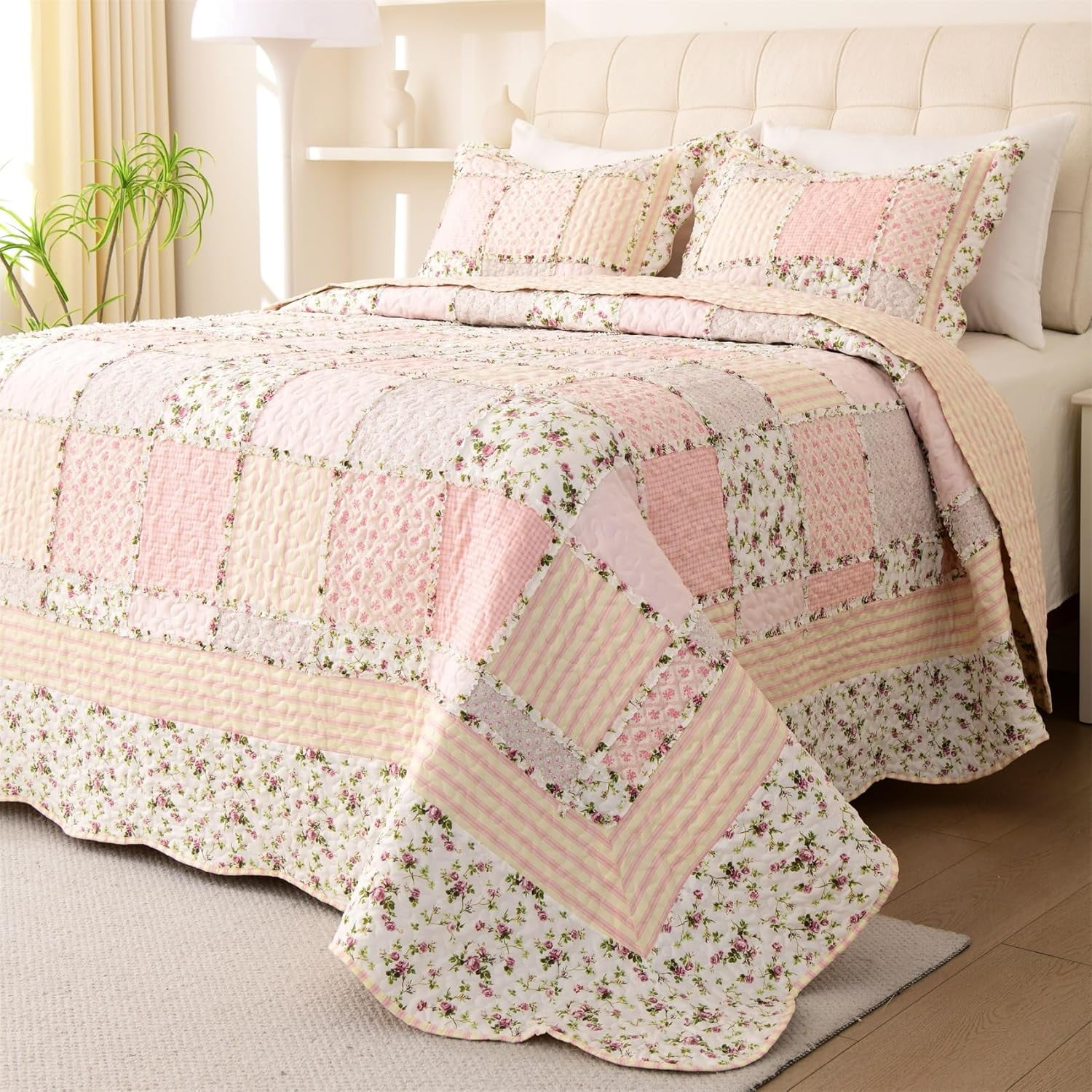 Garden Floral Quilt Bedspread King Size,3 Piece Patchwork Pink Quilt ...