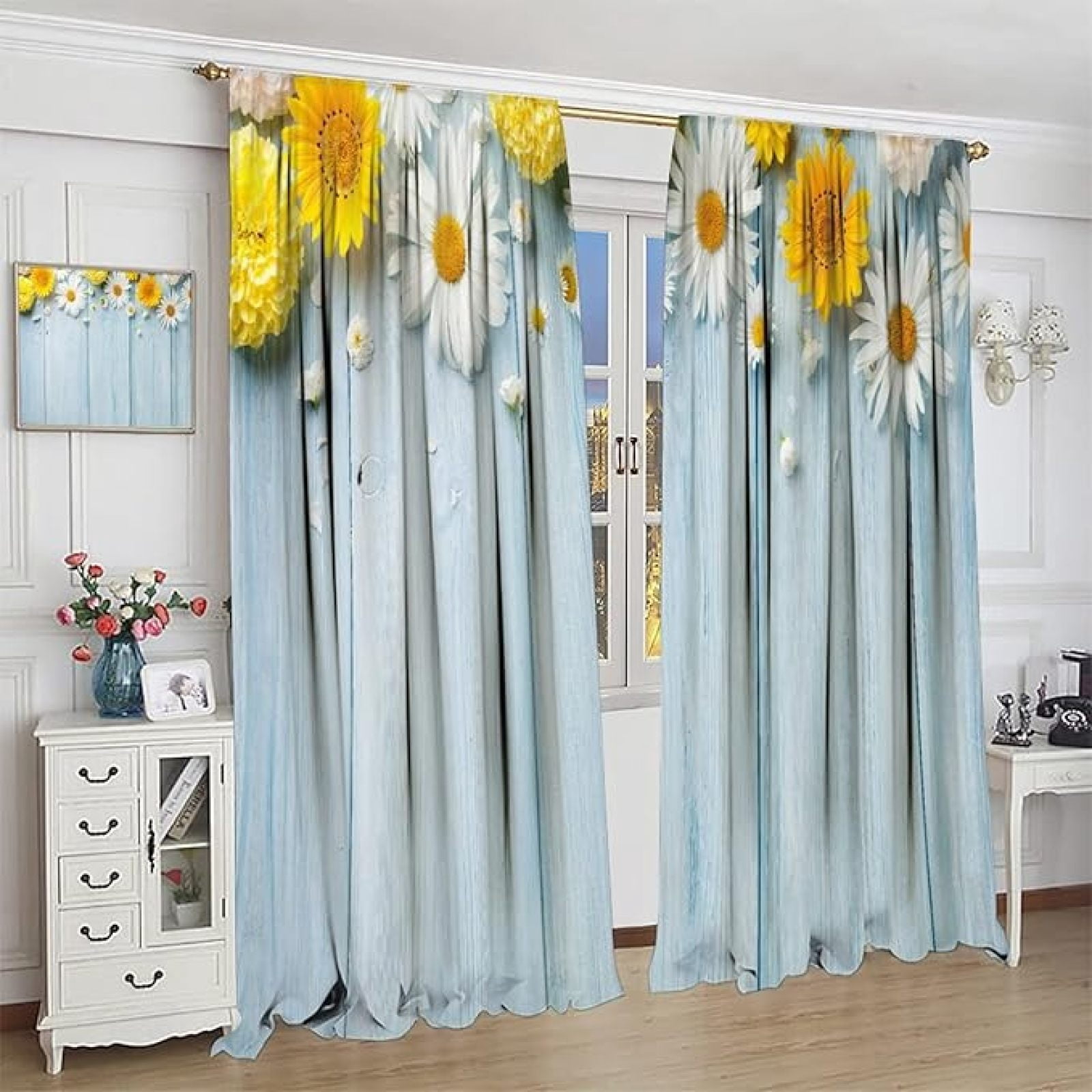 Garden Floral Window Curtains,Rustic Farmhouse Vintage Country Daisy ...