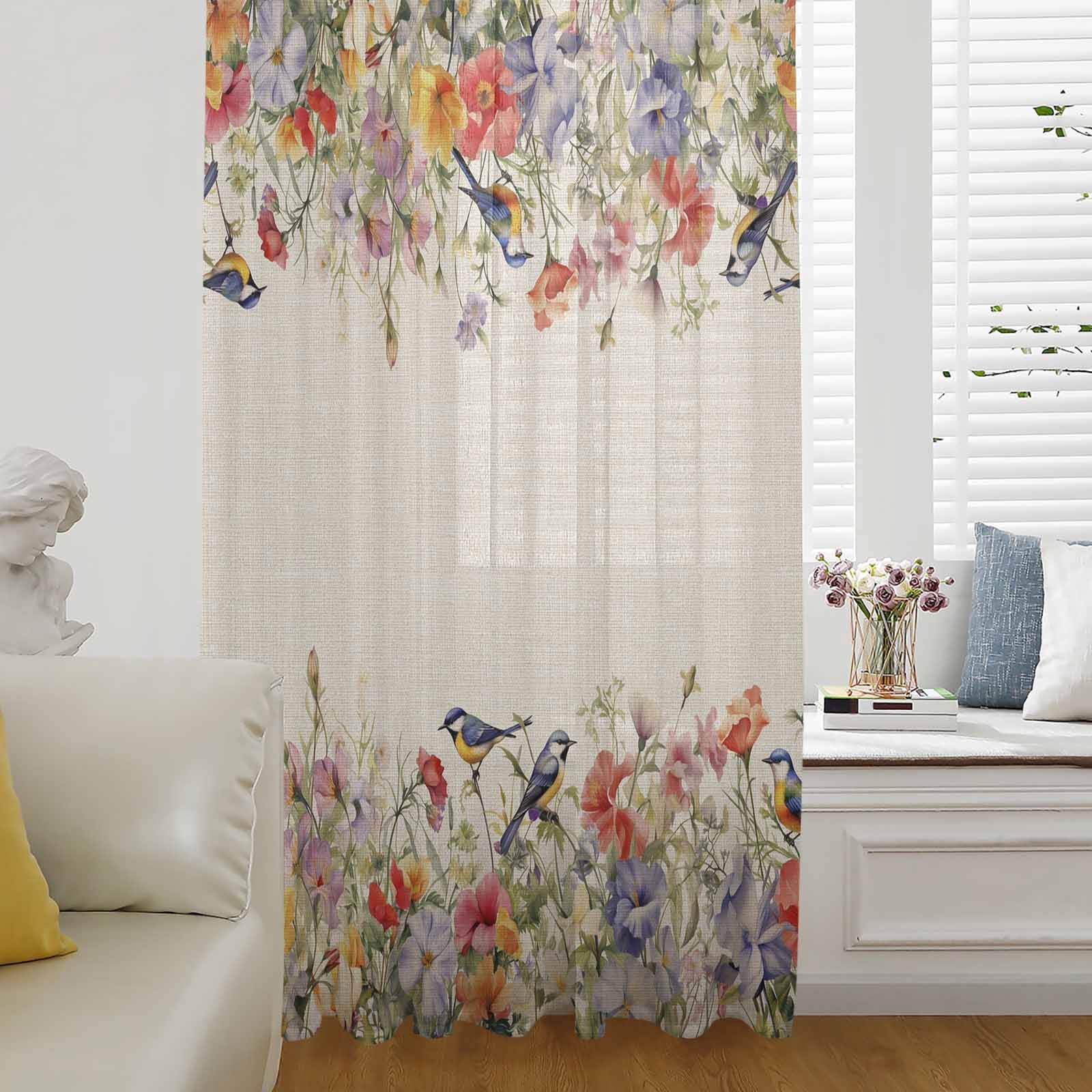 Garden Flower Birds Window Curtain 63 Inches Long,Spring Summer Plant ...