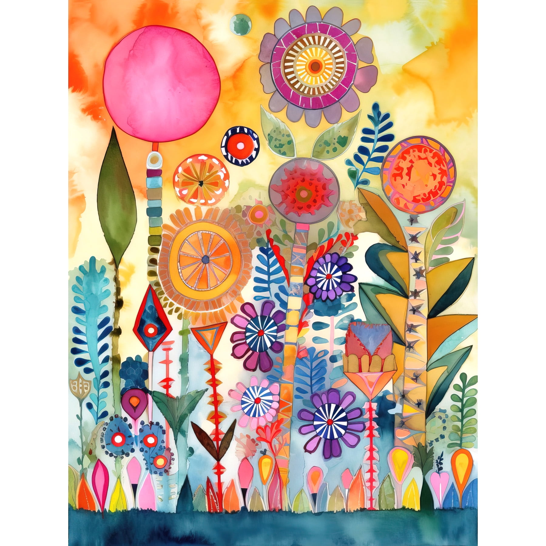 Garden Flowers in Spring Folk Art Watercolour Painting Extra Large XL ...