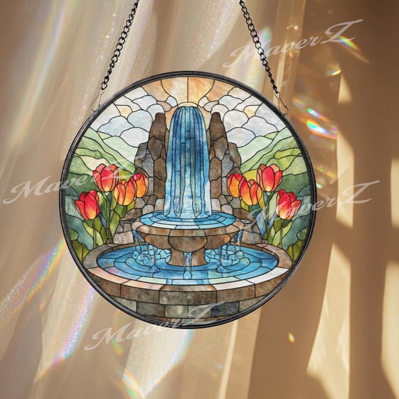 Garden Fountain Glass Suncatcher, Round Waterfall Window Panel, Nature ...