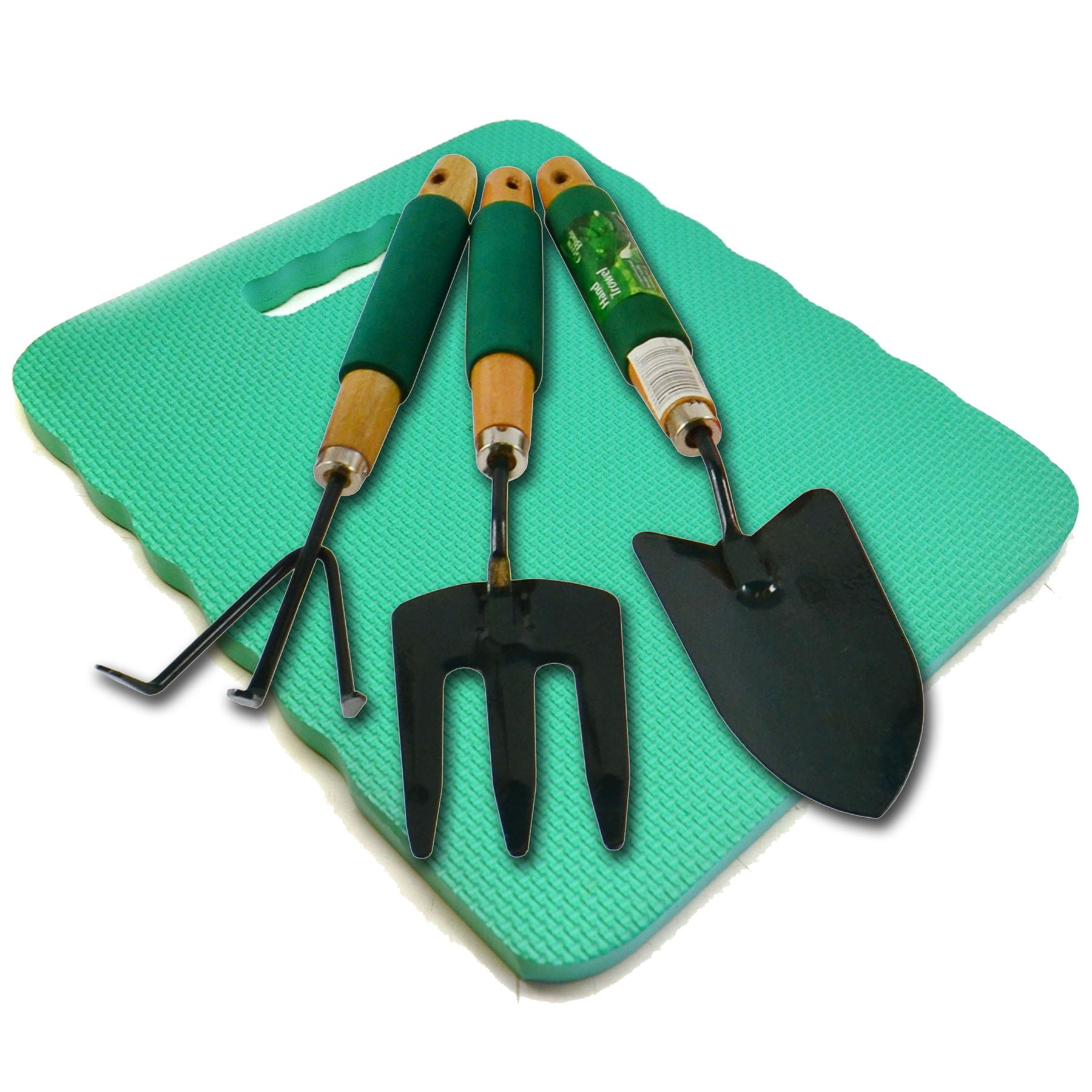 Garden Gardening Hand Rake Spade Shovel Fork And Foam Kneeling Pad 4pc ...
