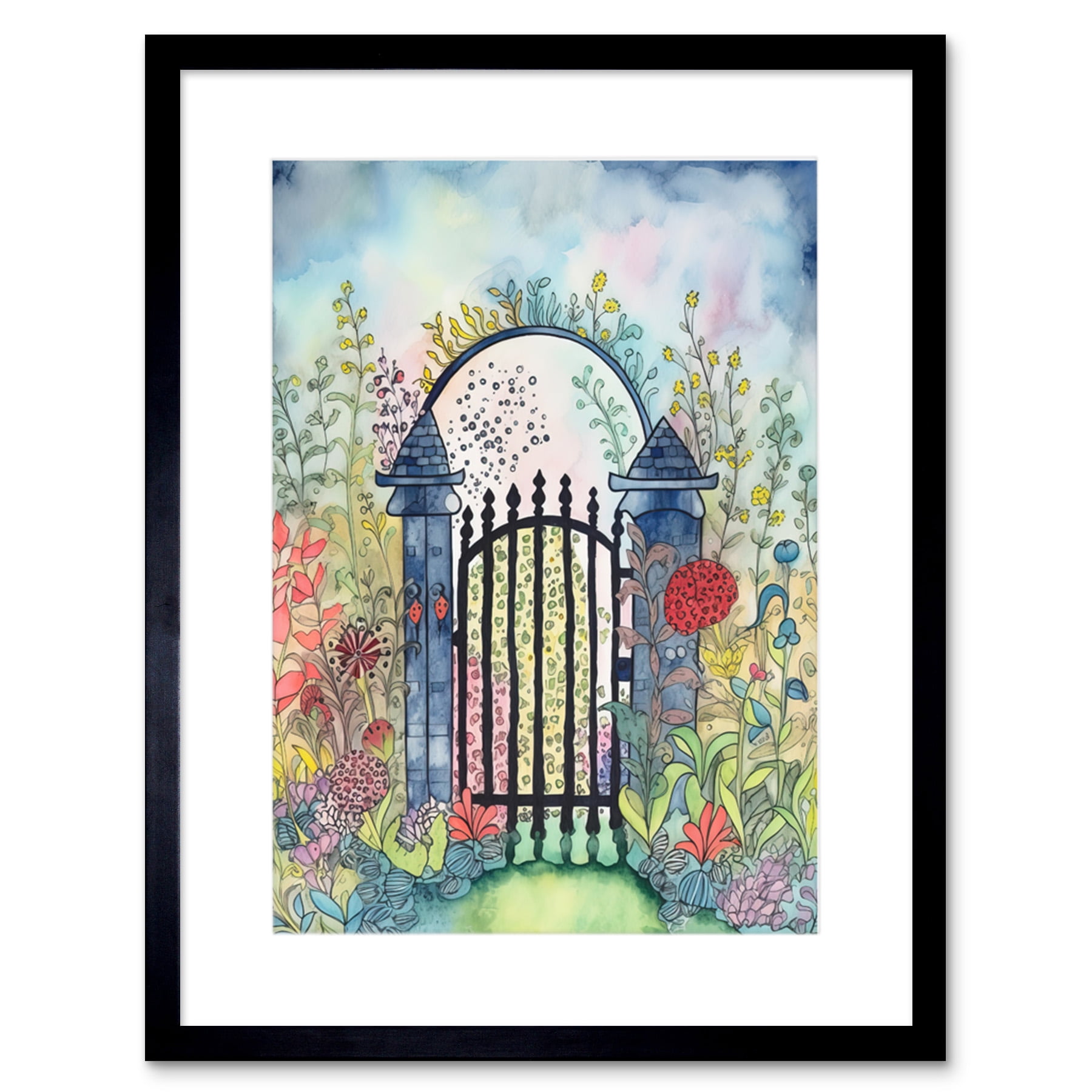 Garden Gate In Spring Folk Art Watercolour Painting Artwork Framed ...