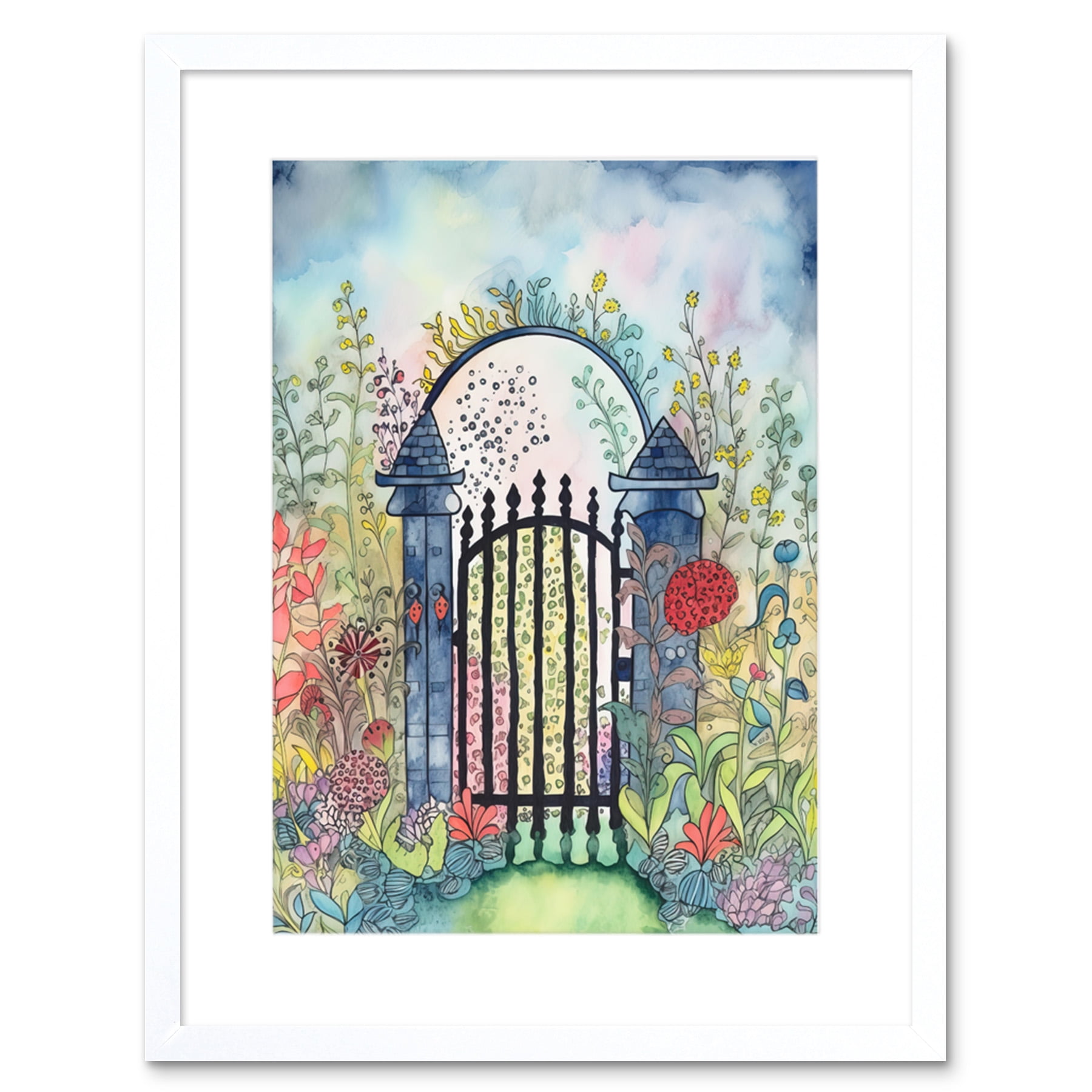 Garden Gate In Spring Folk Art Watercolour Painting Artwork Framed ...