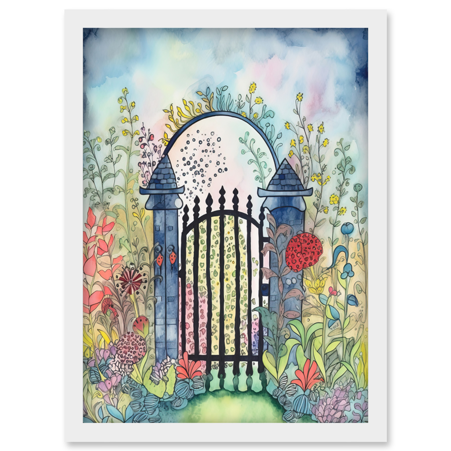 Garden Gate In Spring Folk Art Watercolour Painting Artwork Framed Wall ...