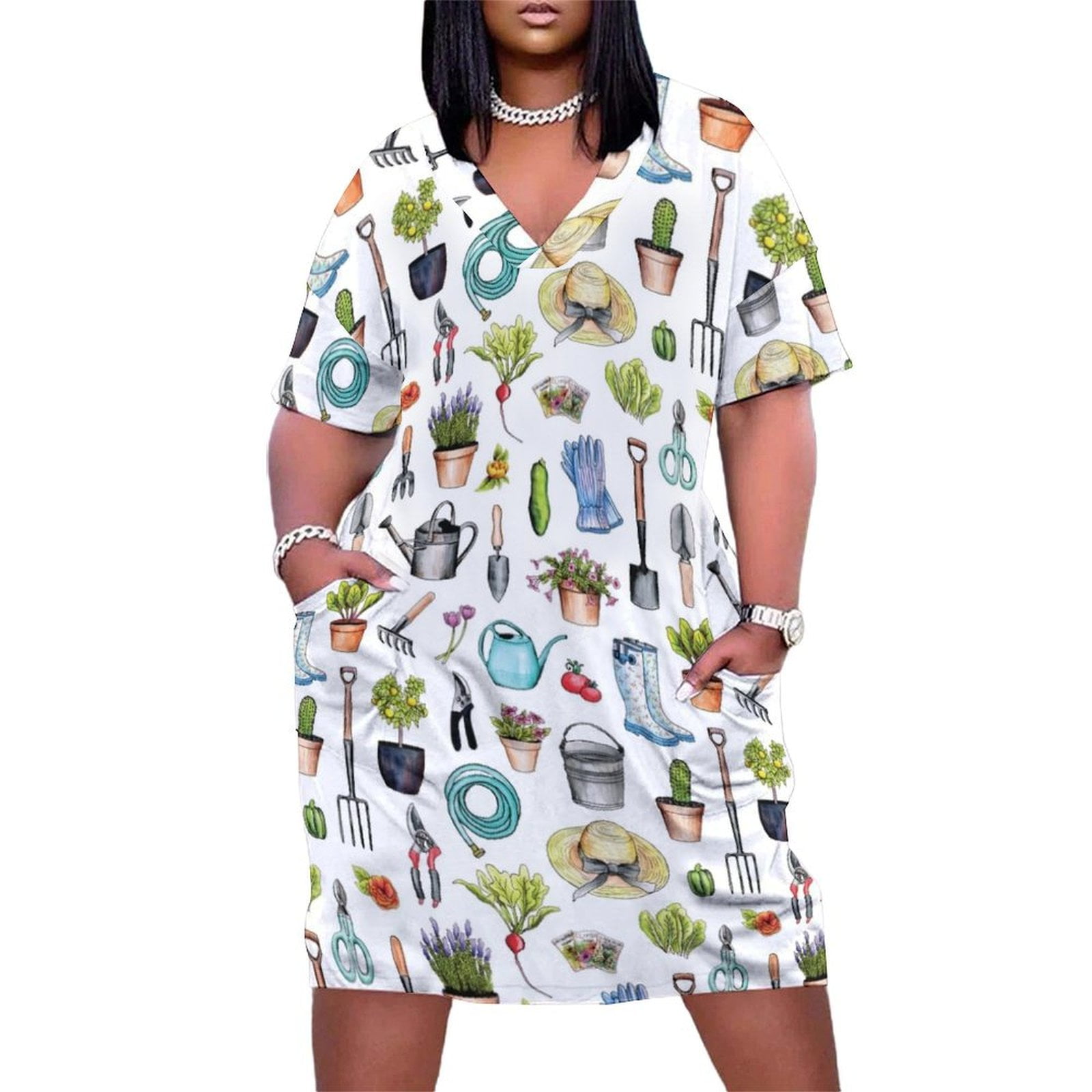 Garden Gear - Spring Gardening Pattern w/ Garden Tools & Supplies Loose Pocket Dress Dresses ...