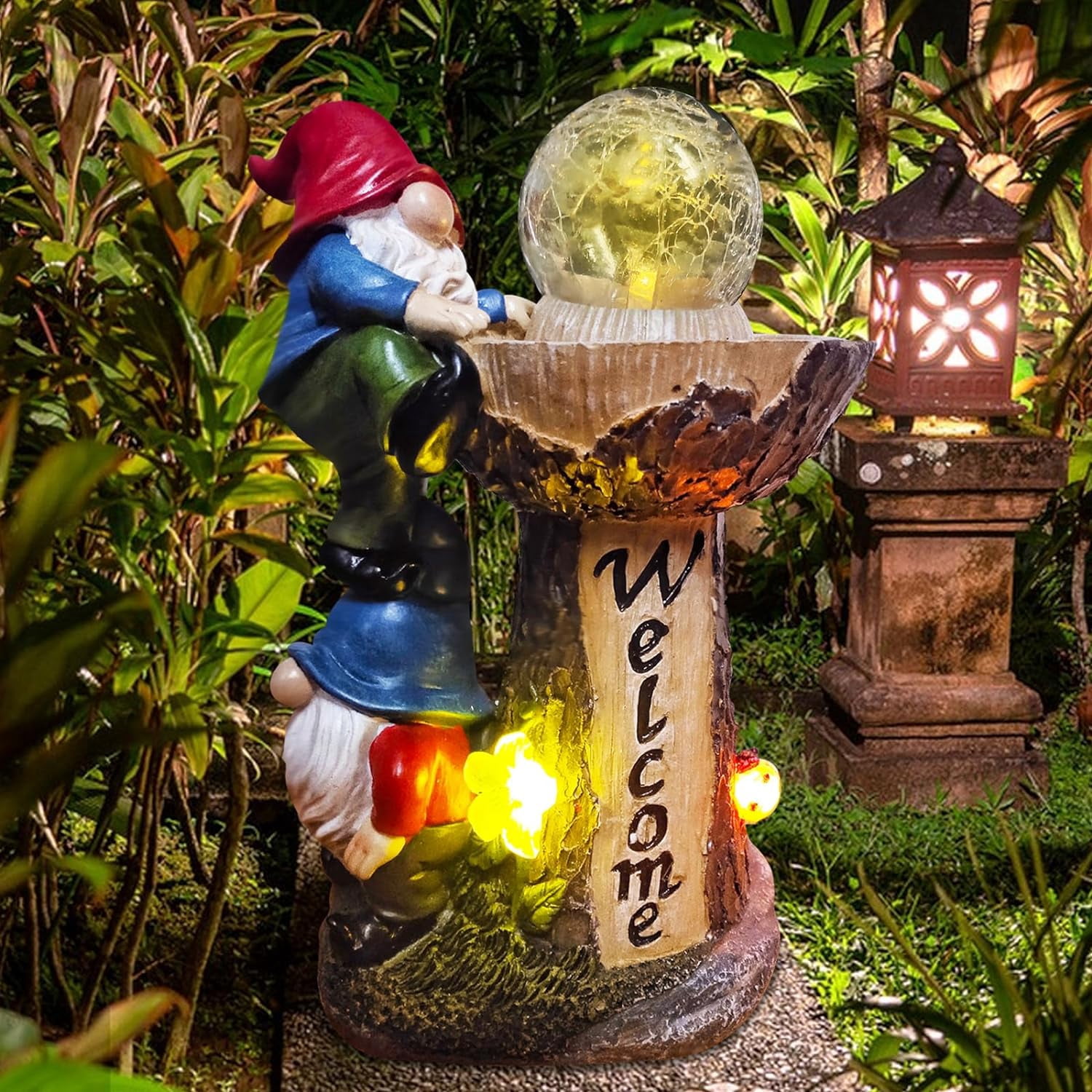 Garden Gnome Outdoor Statue with Solar LED Lights Double Gnomes ...