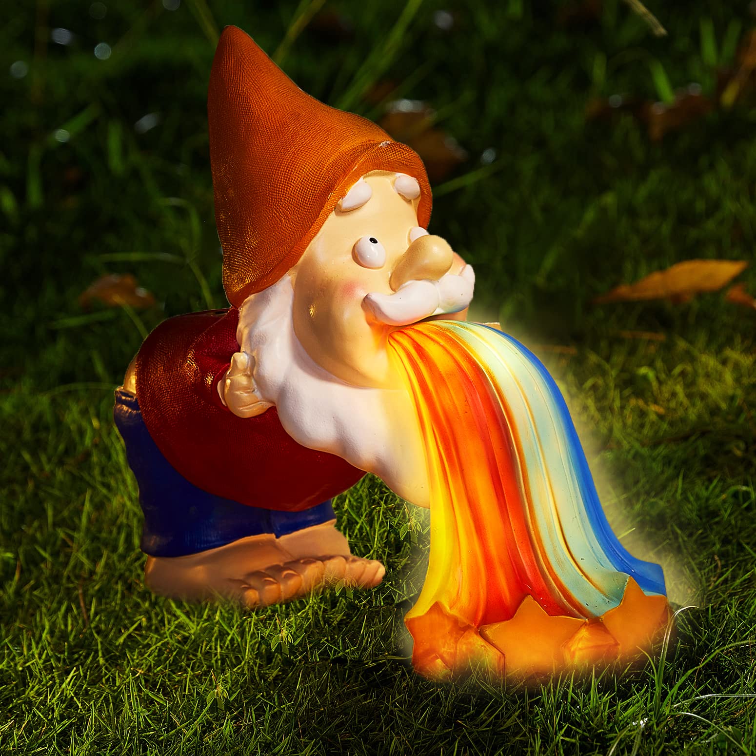 Garden Gnome Throwing up RRF12 Solar Rainbow Lights - Light up Up Rainbow, Adorable Gardens Nome ...