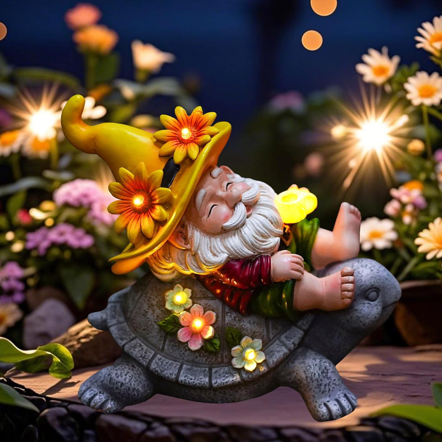 Garden Gnomes Outdoor Decor: Funny Sunflower Gnome Sitting on Turtle ...