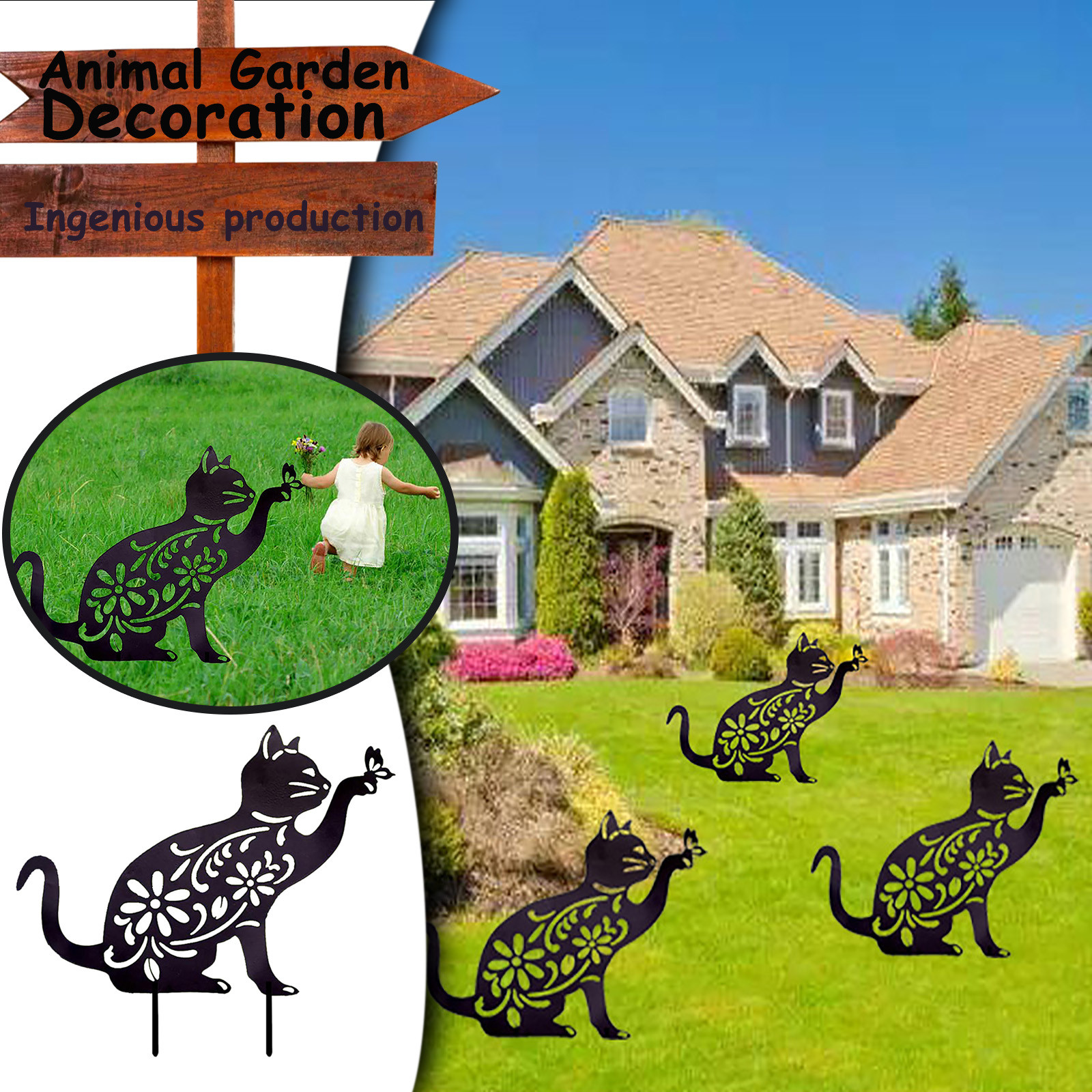 Garden Goblin Yard Art Cat Garden Inserts Metal Animal Hollow Inserts ...