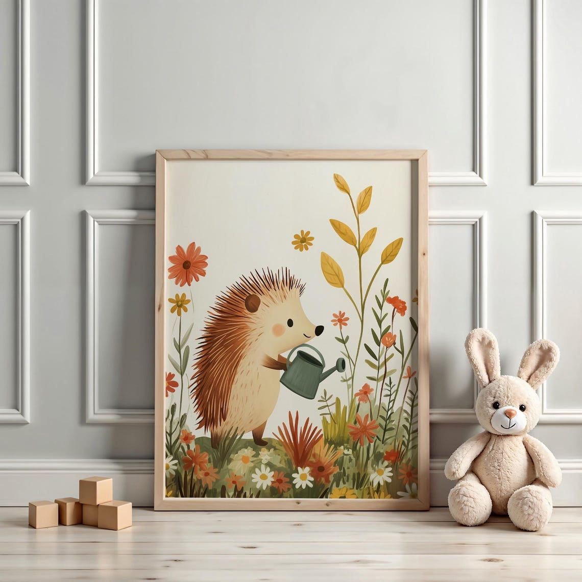 Garden Hedgehog Nursery Wall Decor Watercolor Style Floral Hedgehog ...