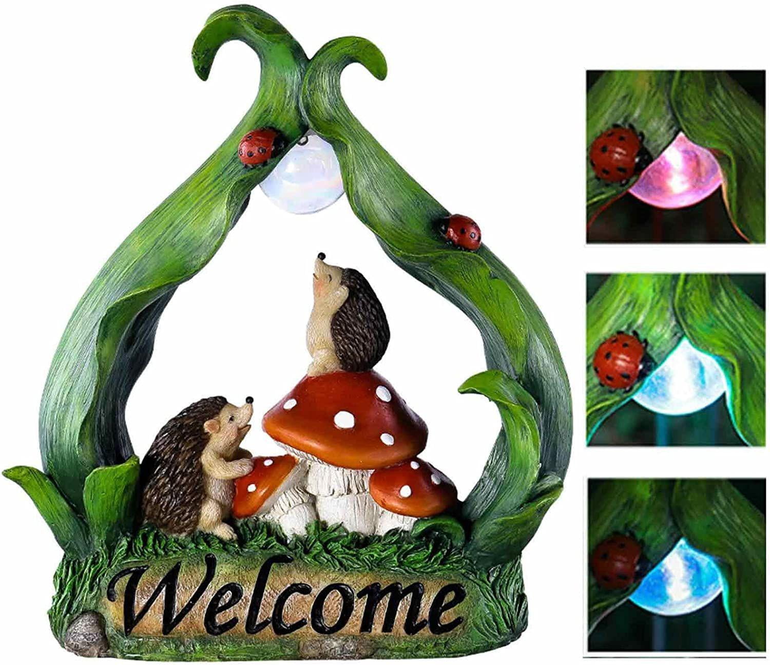 Garden Hedgehog Statue with Solar Light, Resin Welcome Sign, Outdoor ...