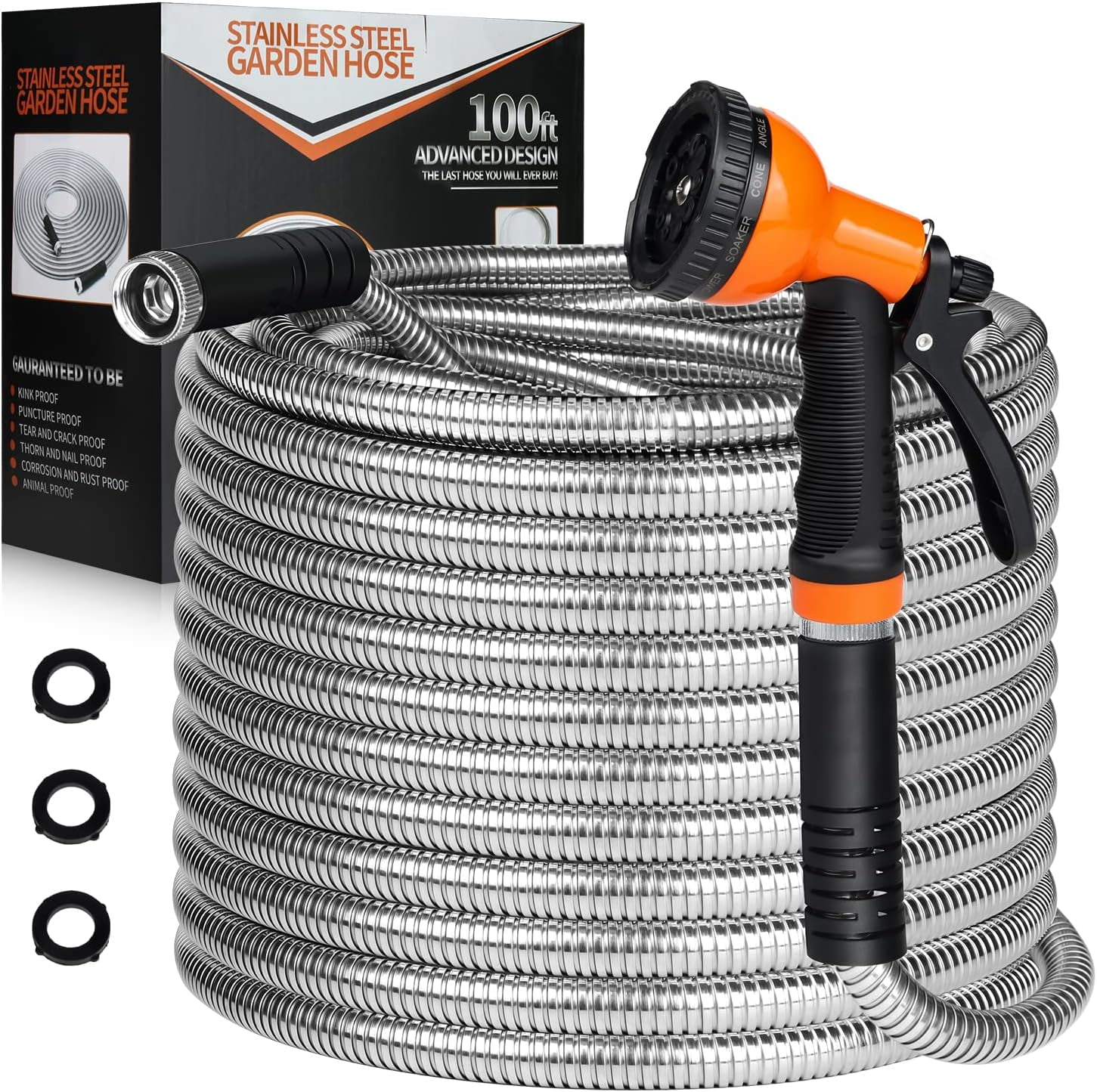 Garden Hose 100 FT - Flexible Metal Hose with 10 Function Nozzle, Kink ...