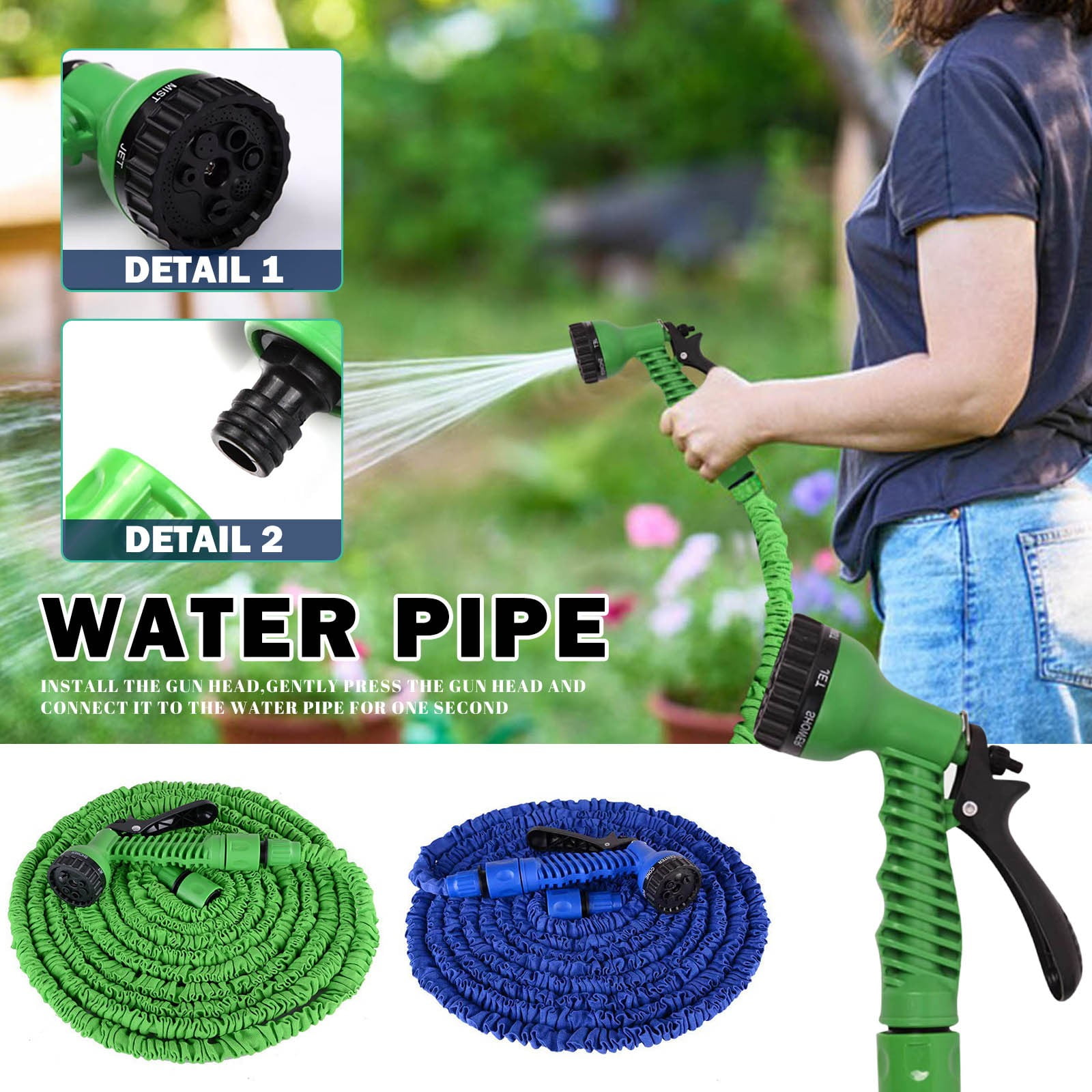 Garden Hose 100ft, Non-Expandable Water Hose with 10 Function Nozzles ...