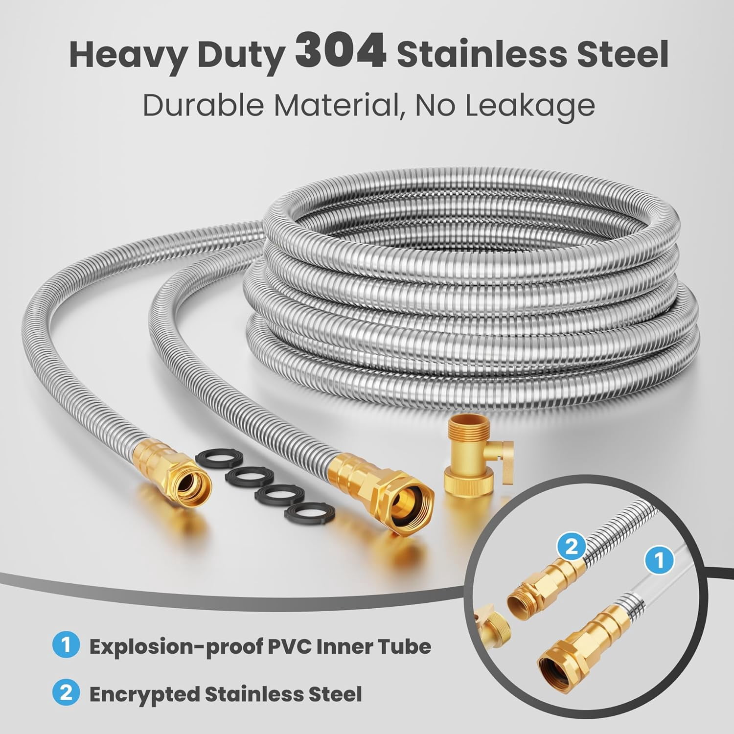 Garden Hose 100ft x 5/8", 304 Stainless Steel Metal Water Hose, No Kink ...