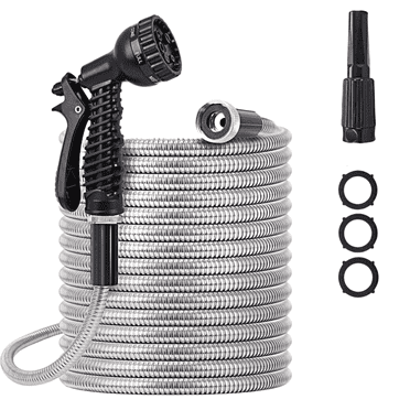 Garden Hose 100 ft, Stainless Steel Water Hose with 10 Function Nozzle ...