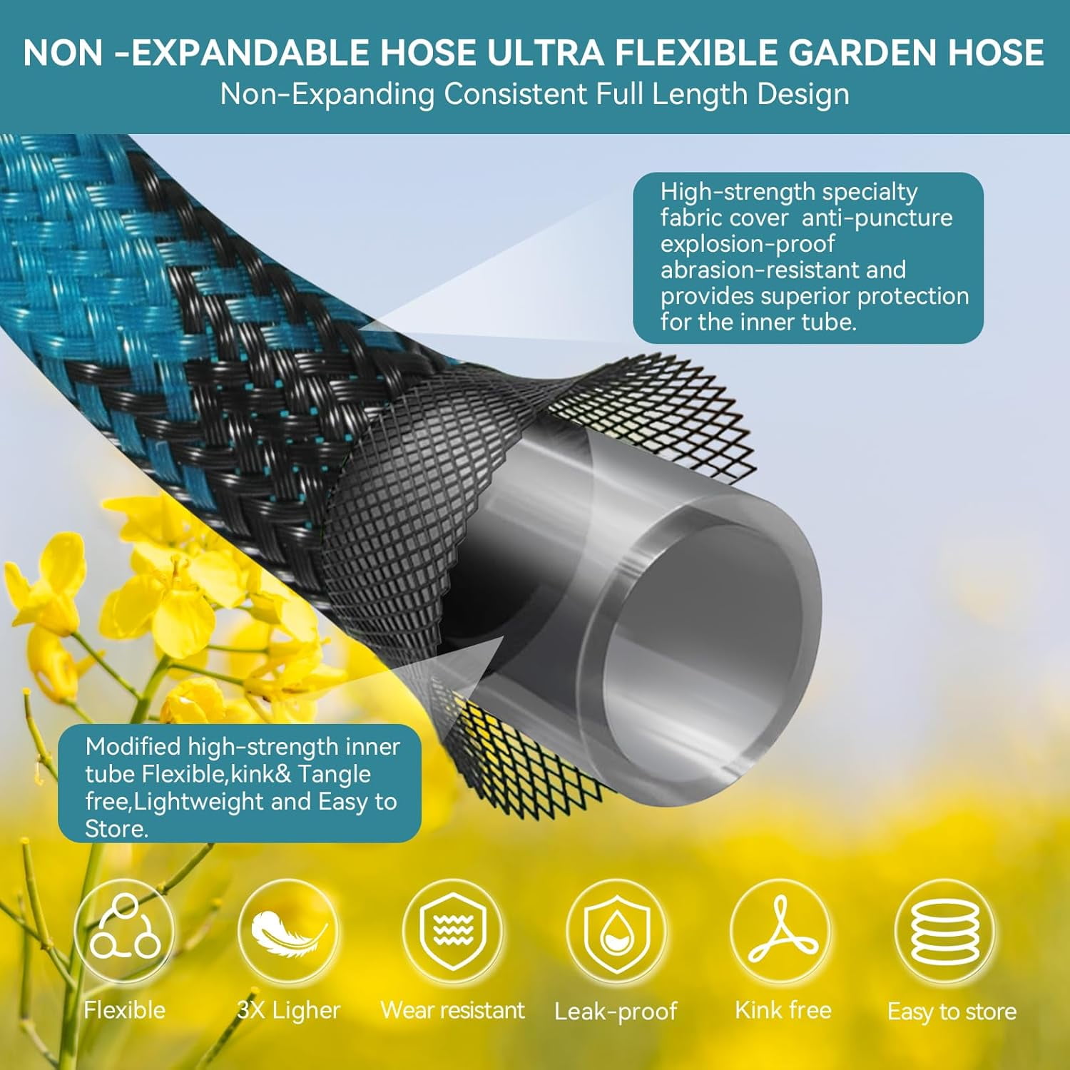 Garden Hose 50 FT NON-EXPANDABLE Water Hose Flexible Garden Hose ...