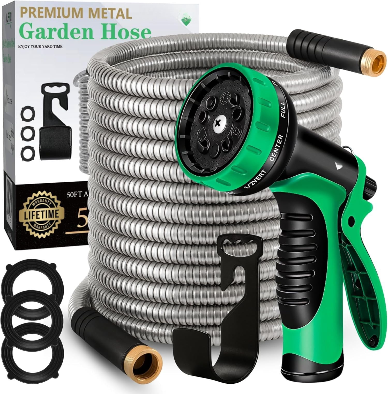 Garden Hose 50 ft - Stainless 304 Water Hose with 10 Function Nozzle ...