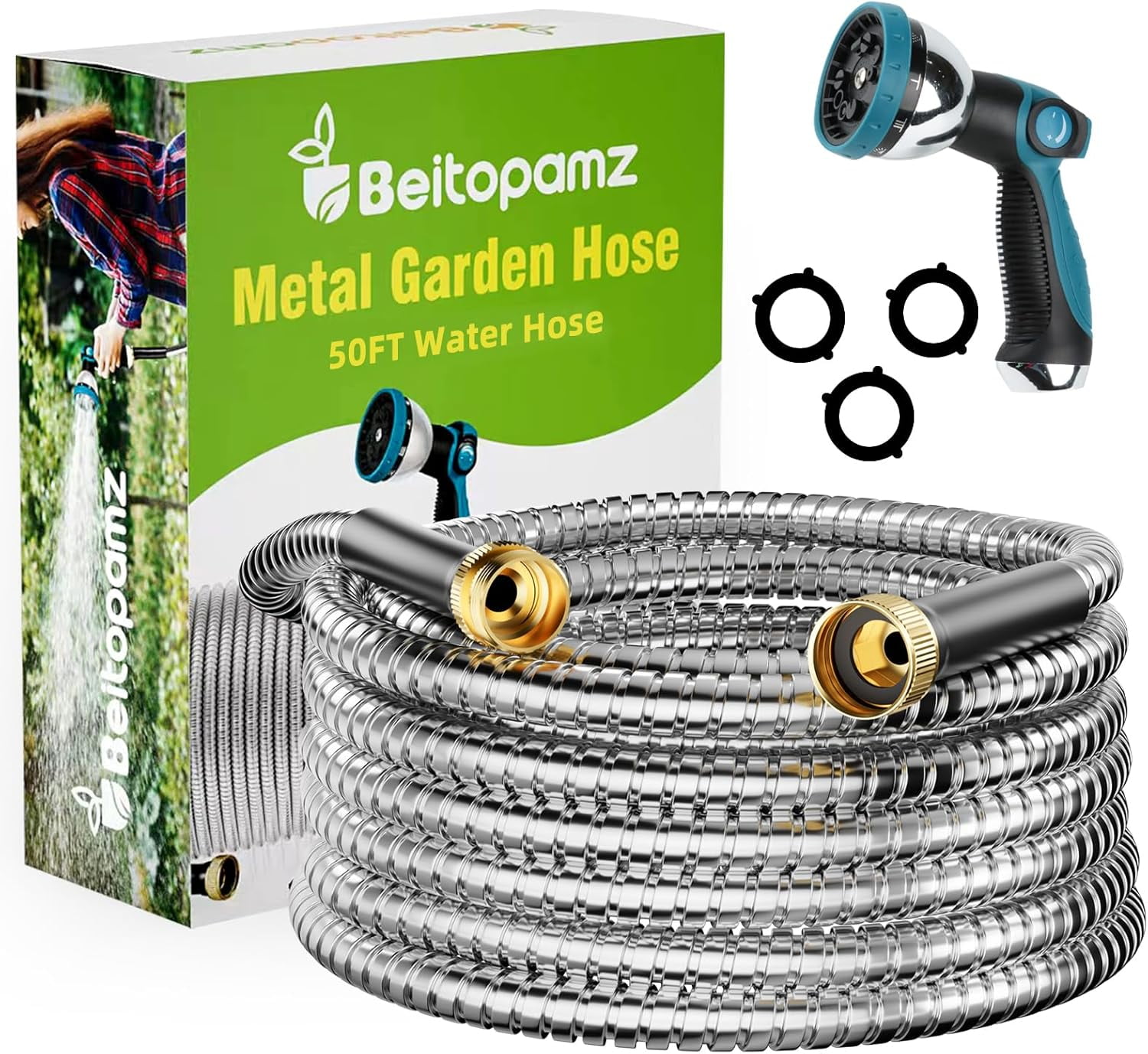 Garden Hose 50 ft, Stainless Steel Metal Water Hose 50 Feet with Nozzle ...