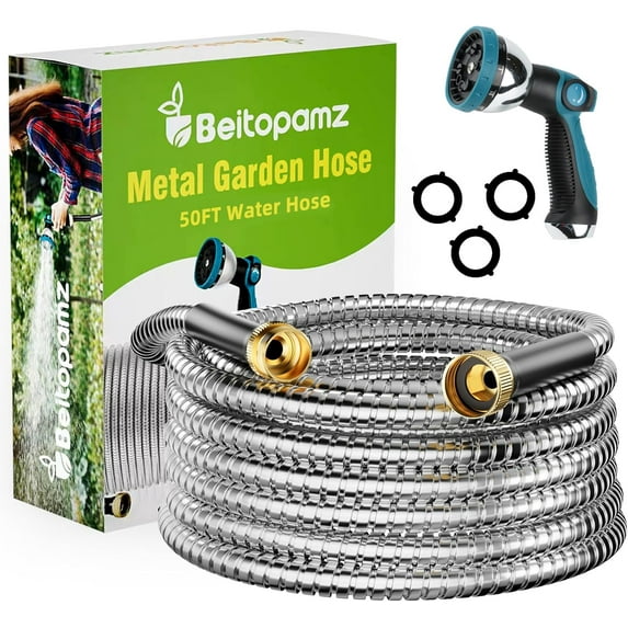 Garden Hose 50 ft, Stainless Steel Metal Water Hose 50 Feet with Nozzle ...
