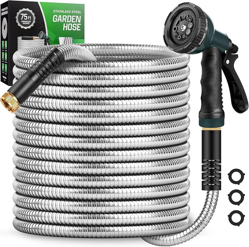 Garden Hose 75 FT with 10-Function Nozzle, Leak-proof Metal Connector ...