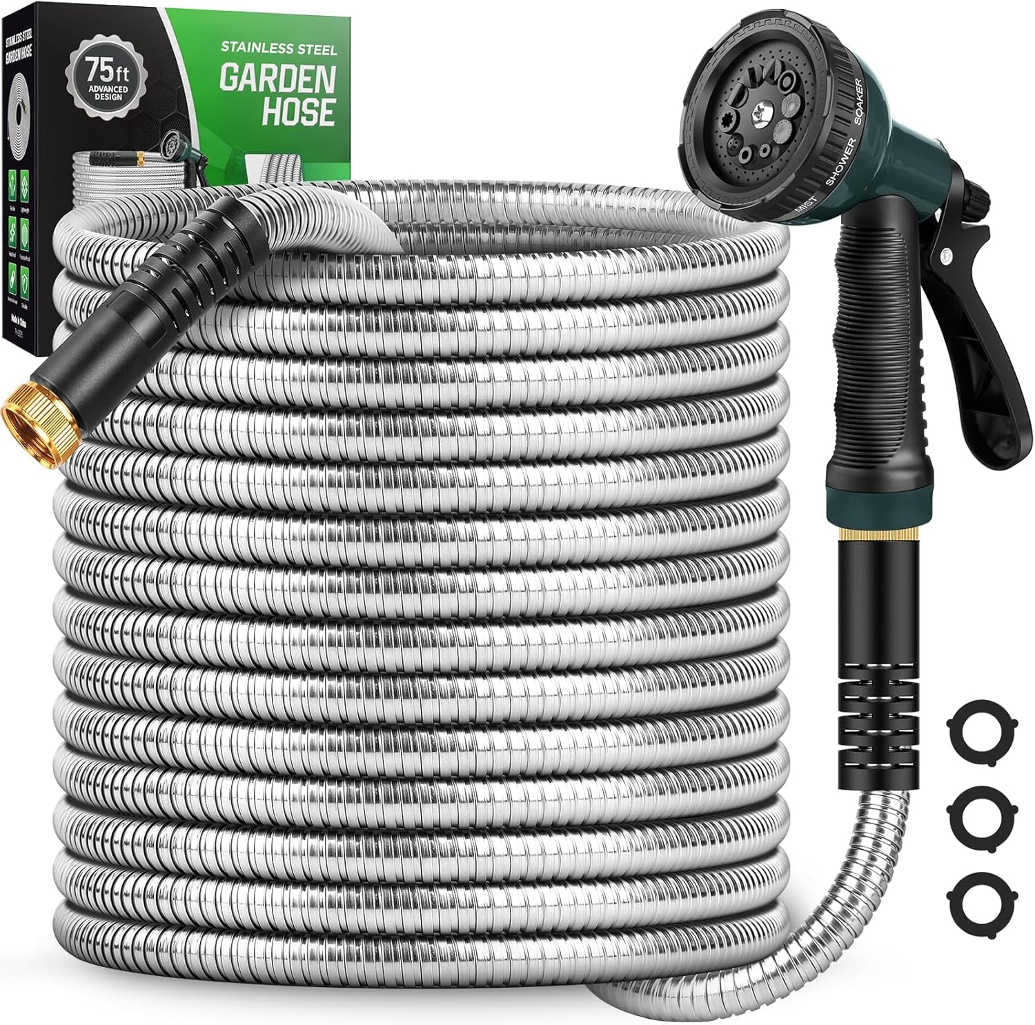 Garden Hose 75 FT with 10-Function Nozzle, Leak-proof Metal Connector ...