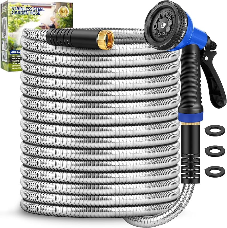 Garden Hose 75 ft, Stainless Steel Metal Water Hose with Adjustable 10 ...