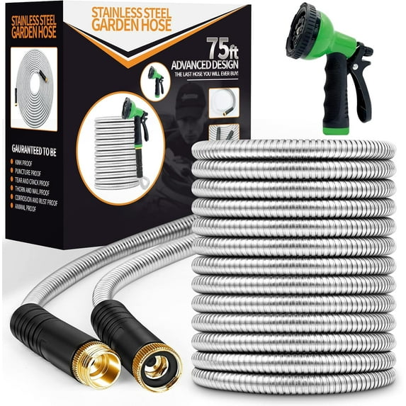 Garden Hose 75ft, Stainless Water Hose with 10 Function Nozzle Flexible ...