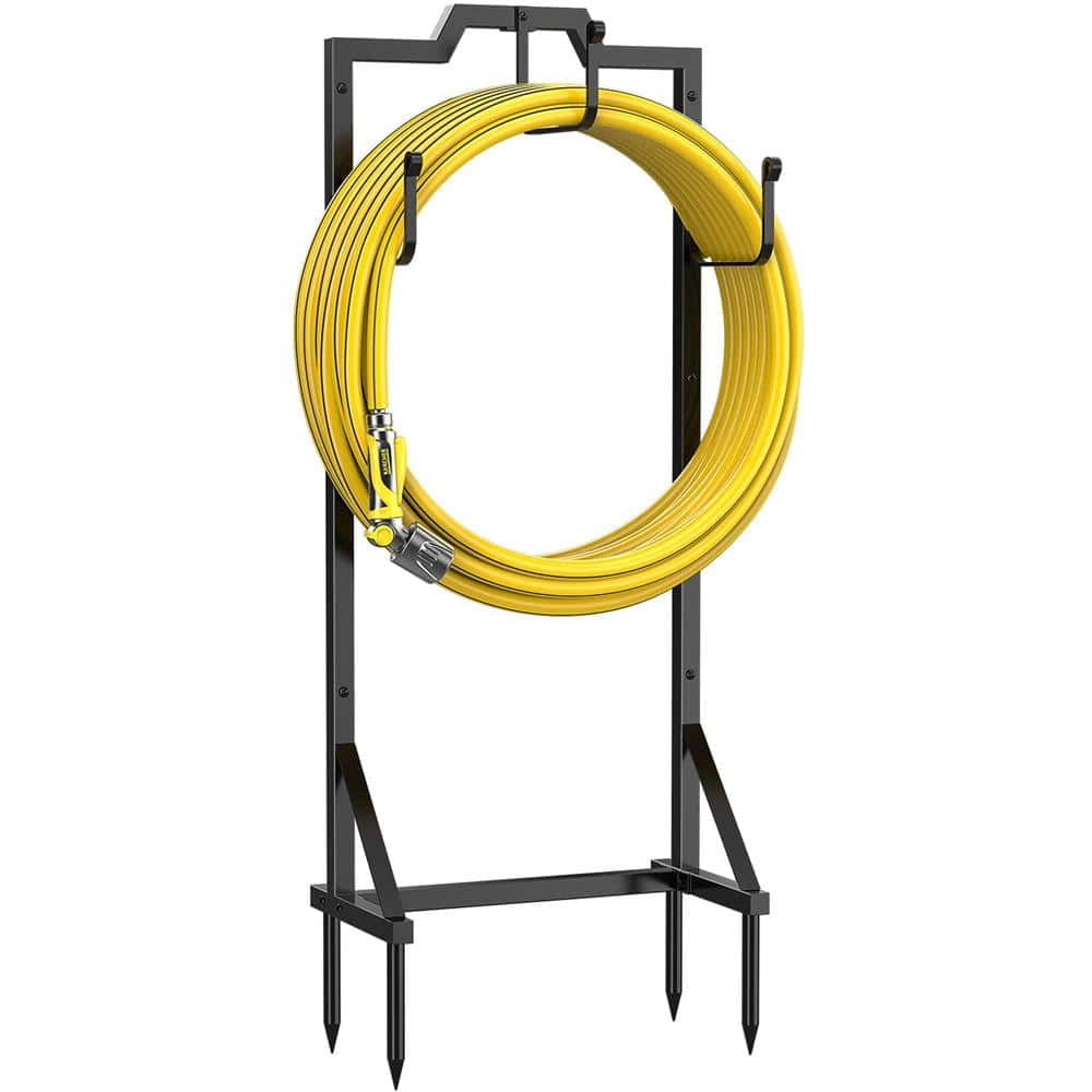 Garden Hose Holder Freestanding Hose Stand Hose Storage Pipe Stand With 3 Hooks Black
