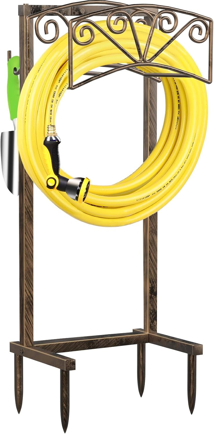 Garden Hose Holder Upgraded 4 Spikes Water Hose Holder with 2 Tool Hooks Sturdy Hose Reel Holds ...