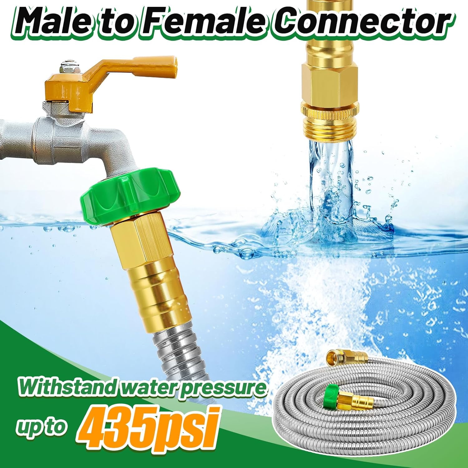 Garden Hose with Male to Female Connector - 25ft Metal Leakproof Water ...