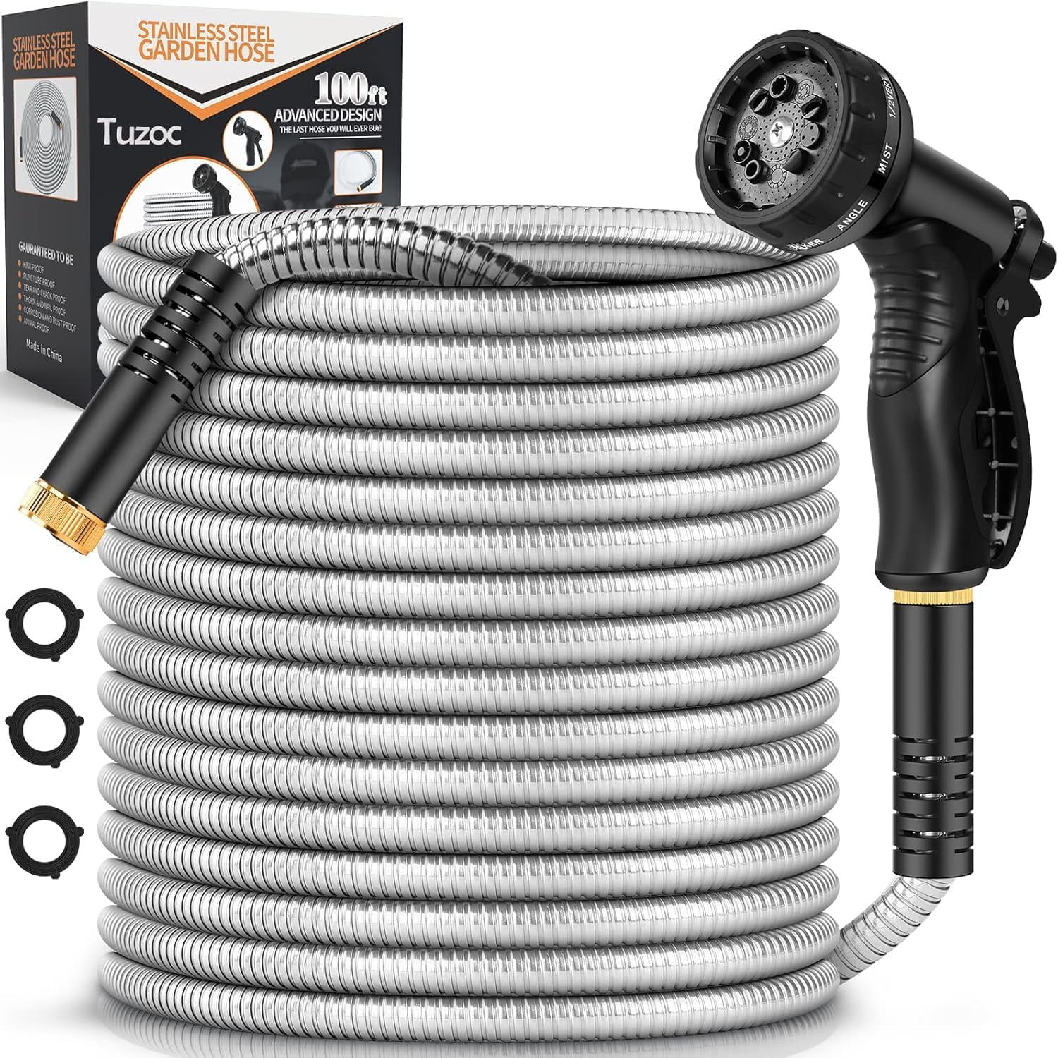 Garden Hose Metal 100FT, Stainless Steel Heavy Duty Water Hose With 10 ...