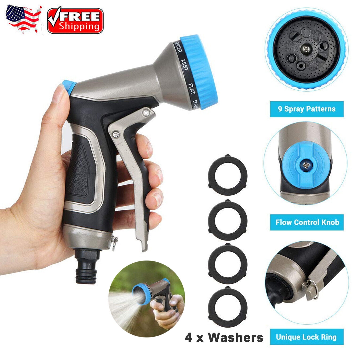 Garden Hose Nozzle Heavy Duty Spray 9 Adjustable Patterns Metal Water ...